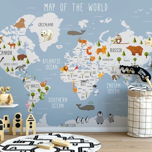 Buy Kids Map Wallpaper Cute World Map With Country Flags Wall Mural ...