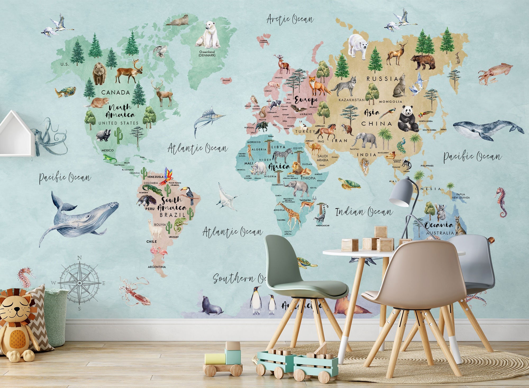 Kids Watercolor Map Wallpaper Educational Map Wall Mural Peel - Etsy UK