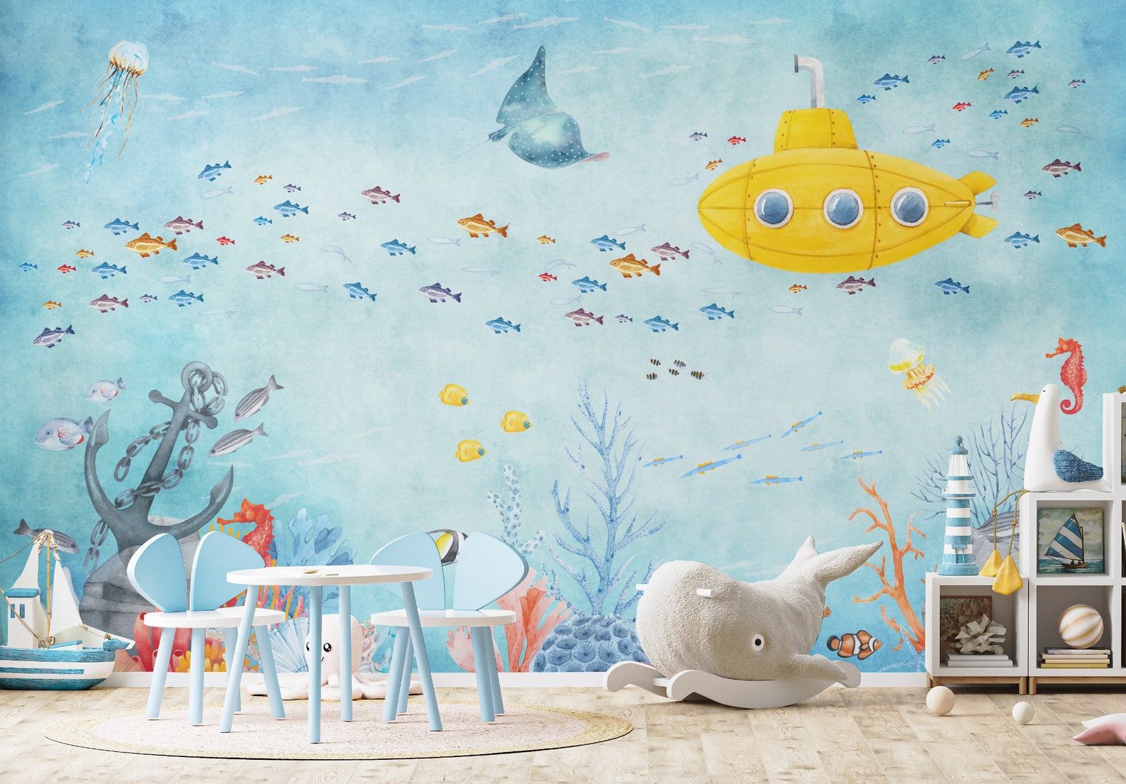 Kids Undersea Ocean Wallpaper Cute Fishes With Submarine Wall - Etsy