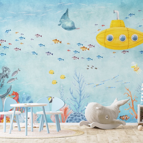 Kids Undersea Ocean Wallpaper Cute Fishes With Submarine Wall - Etsy