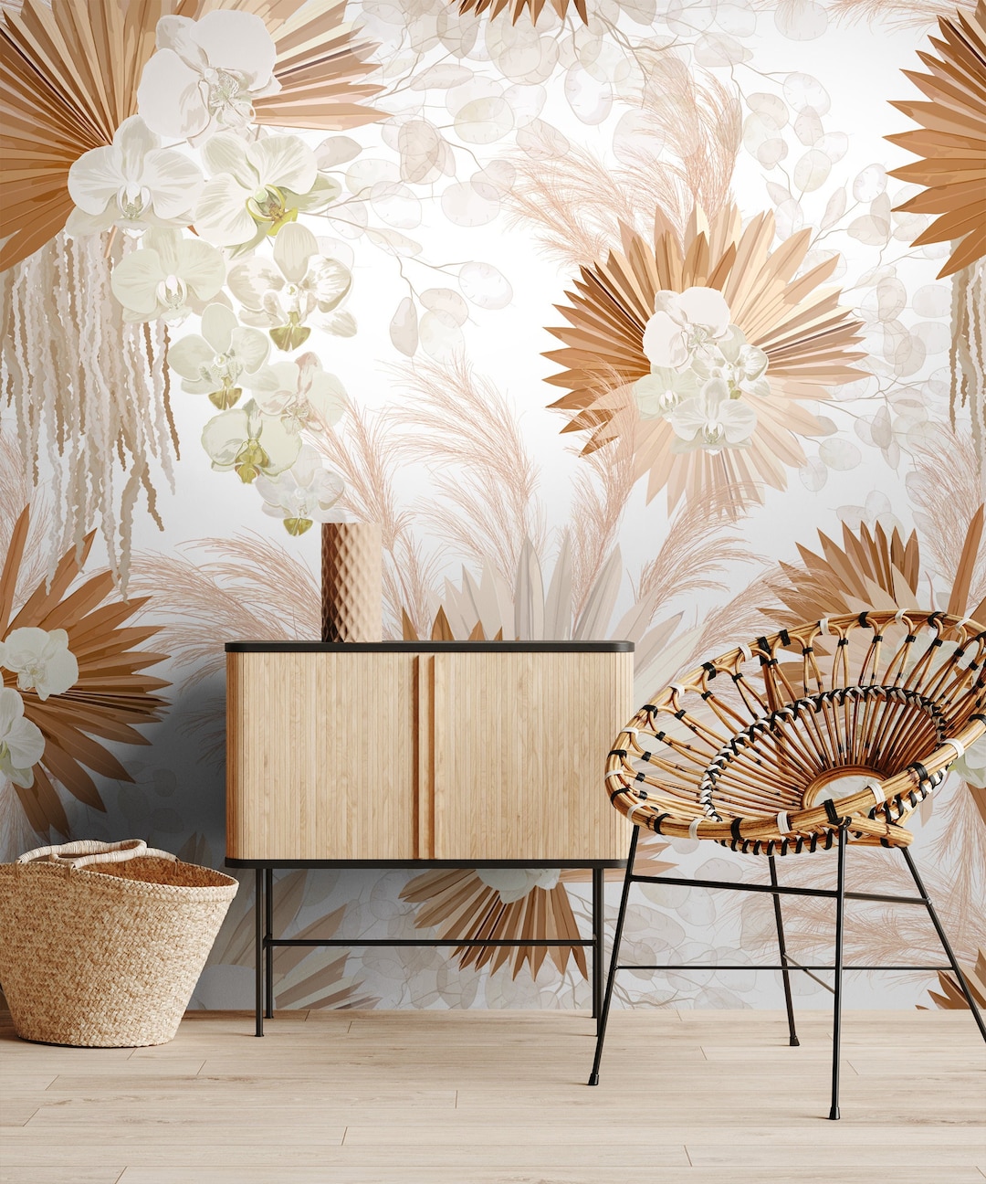 Boho Floral Wallpaper | Neutral Palm Leaf With Pampas Wall Mural ...