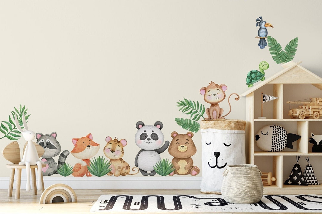 Kids Animal Wall Decal | Forest Animals With Banana Leaves Wall ...