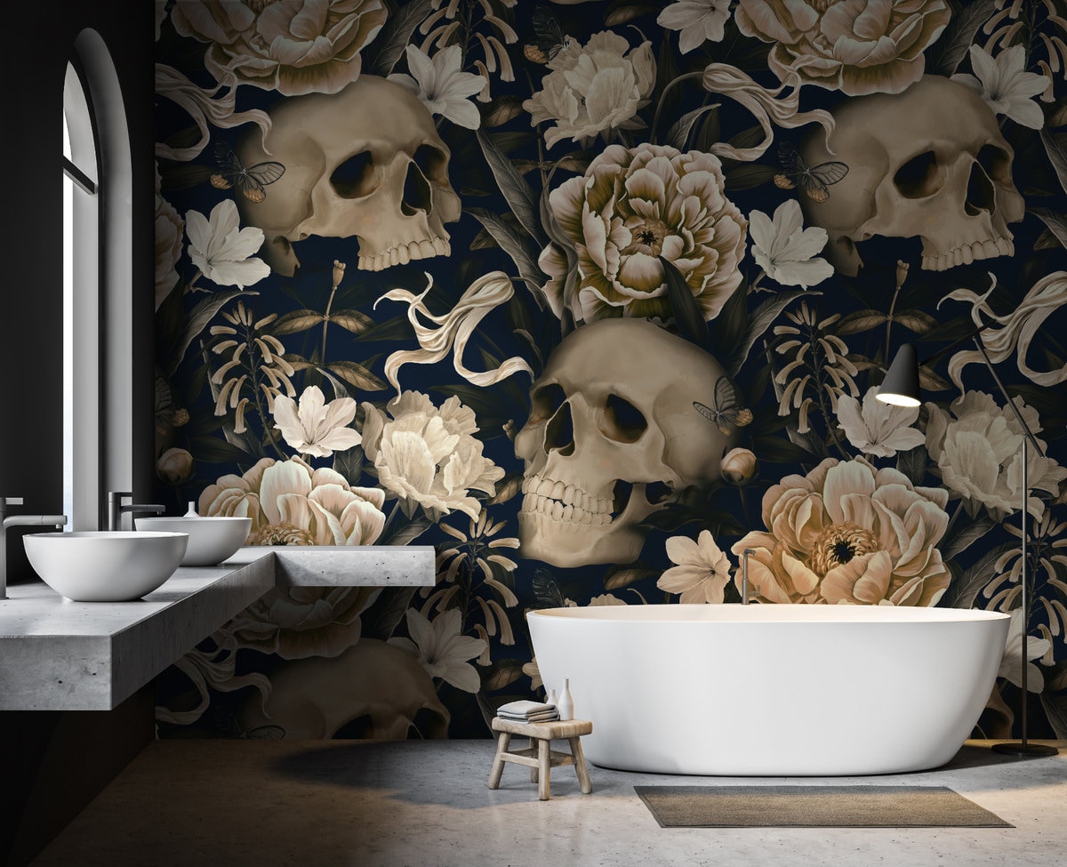 Dark Floral With Skulls Wallpaper | Gothic Flower Wall Mural | Peel and ...
