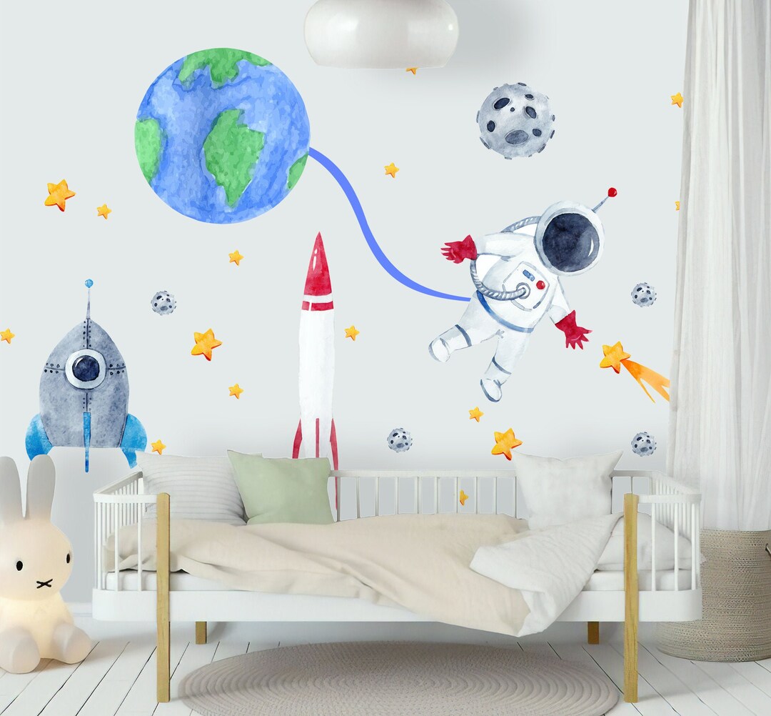 Kids Space Wall Decal for Boys Cute Astronaut With Earth Wall Sticker ...