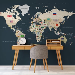 Map Wallpaper Political World Map With Country Flag Wall Mural - Etsy