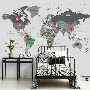 Map Wallpaper Political World Map With Country Flag Wall Mural - Etsy