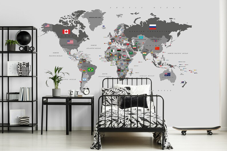 Map Wallpaper Political World Map With Country Flag Wall Mural - Etsy