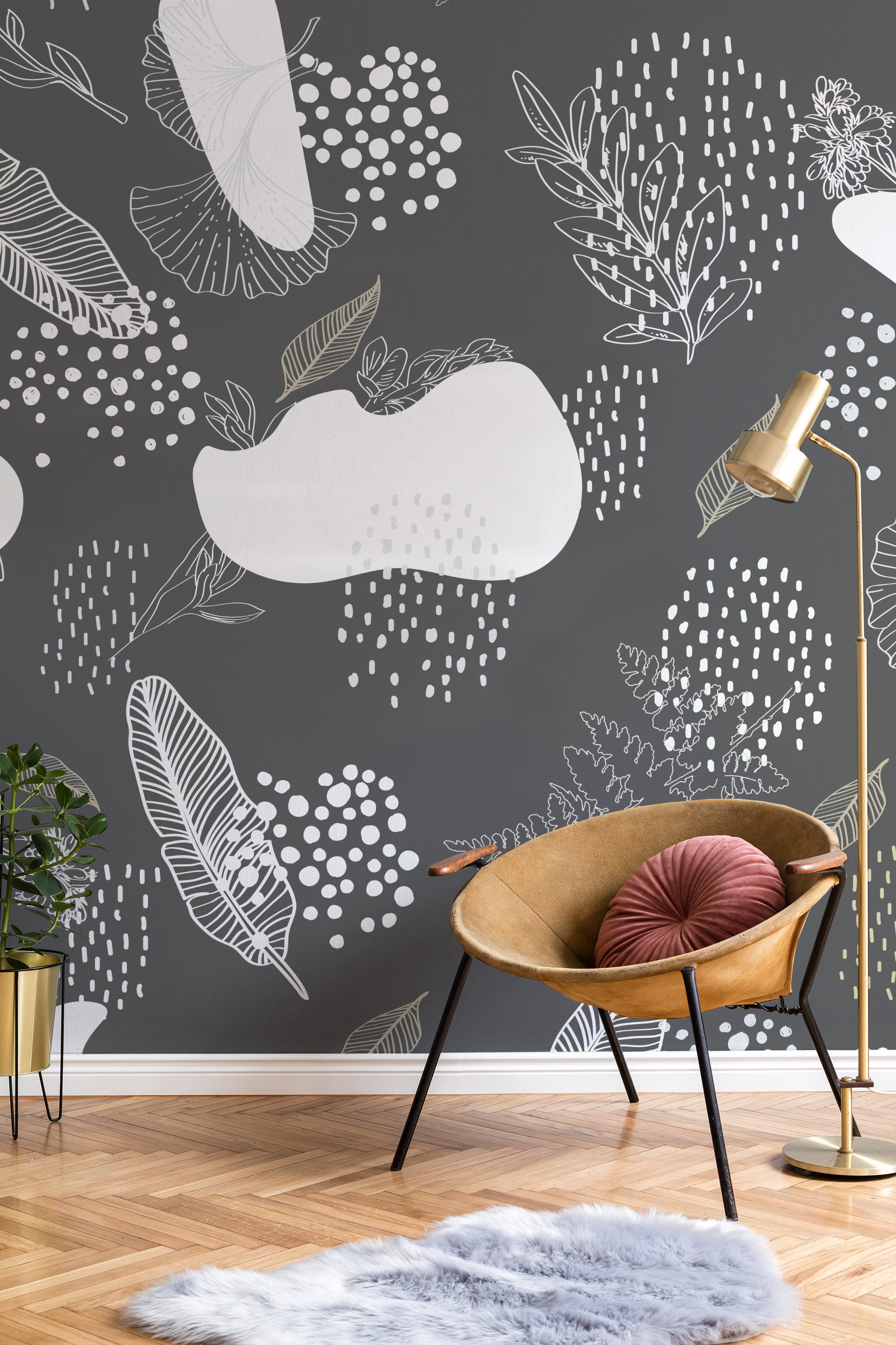 Abstract Lines Art Wallpaper Peel and Stick Hand Drawing Leaves - Etsy