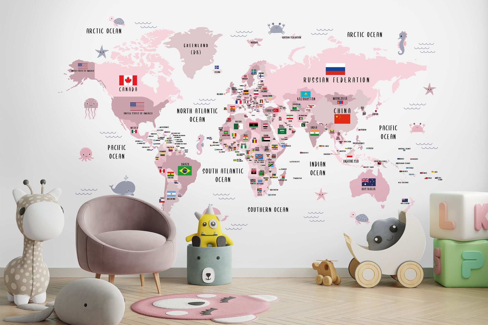 Kids Map Wallpaper Cute World Map With Country Flags Wall Mural Peel ...