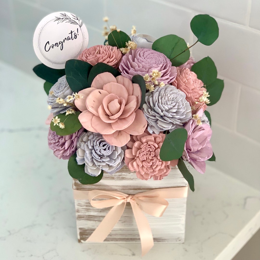 Personalized Wood Flower Arrangement Wood Box Indigo Pink Lavender ...