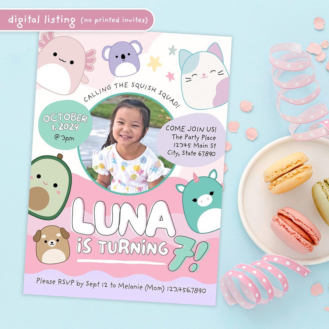 DIGITAL Personalized Squishmallow Birthday Invitation: Photo, Pastel ...