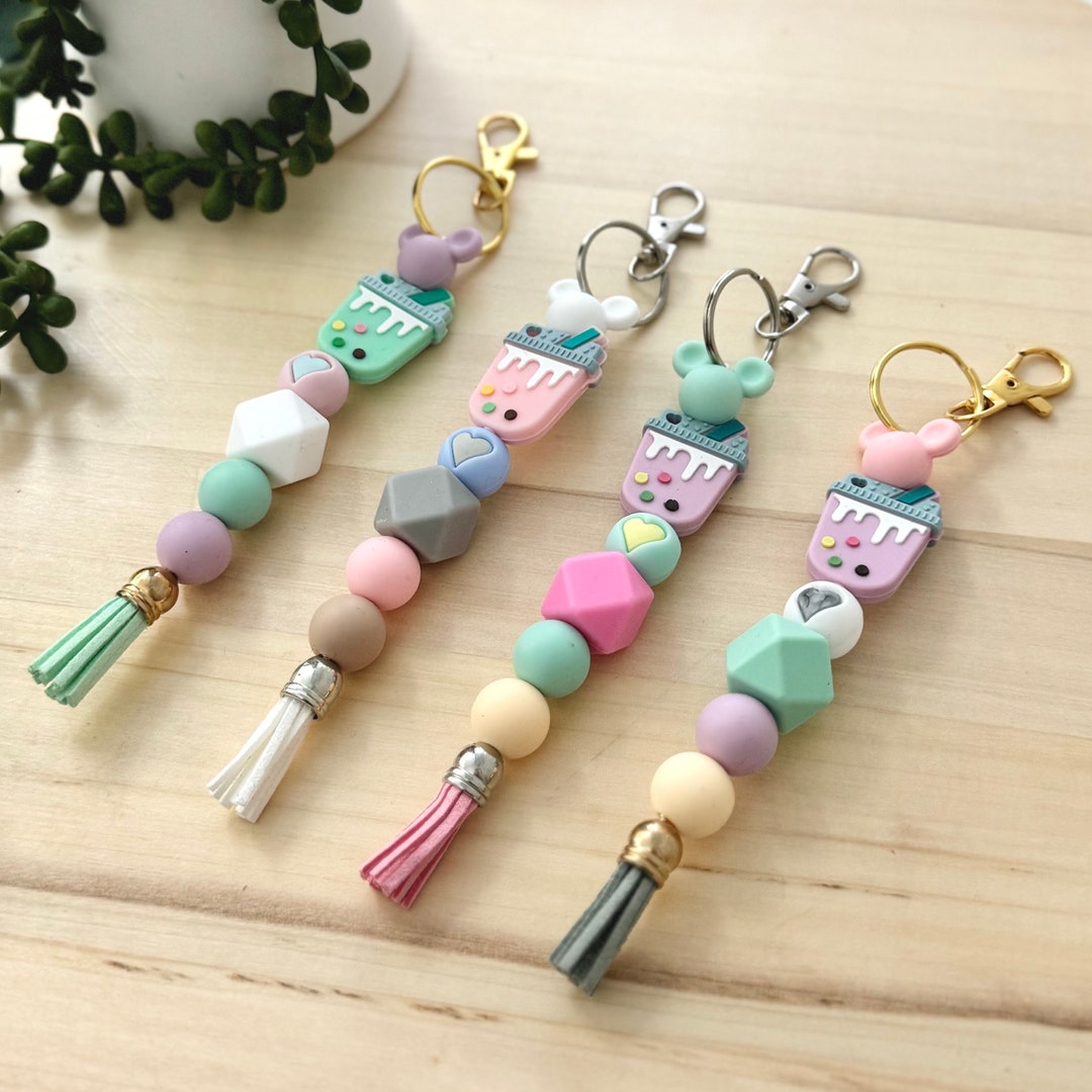 Mickey Mouse Boba Keychain: Pastel Silicone Beads With Tassel & Hexagon ...