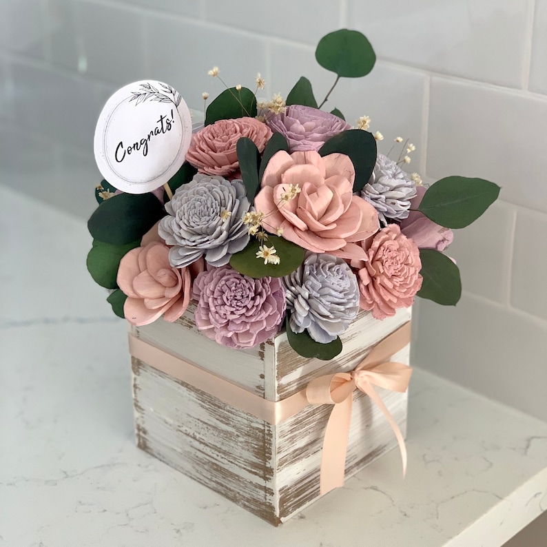 Wood Flower Arrangement: Indigo, Pink, Lavender Wooden Box With ...