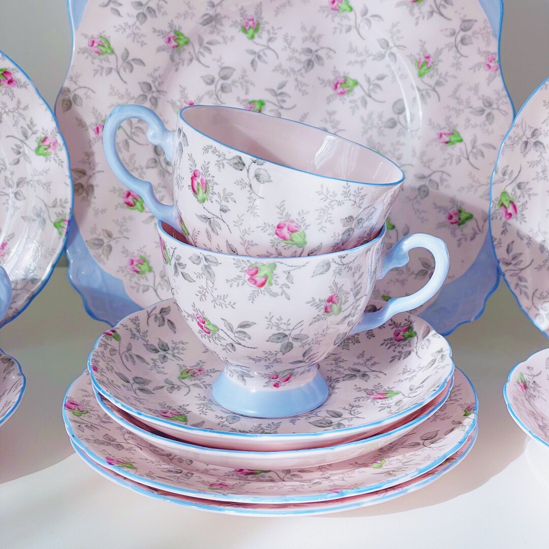 Vintage Pink Tuscan Rosebud Tea Set Items Blue Rim - Etsy
