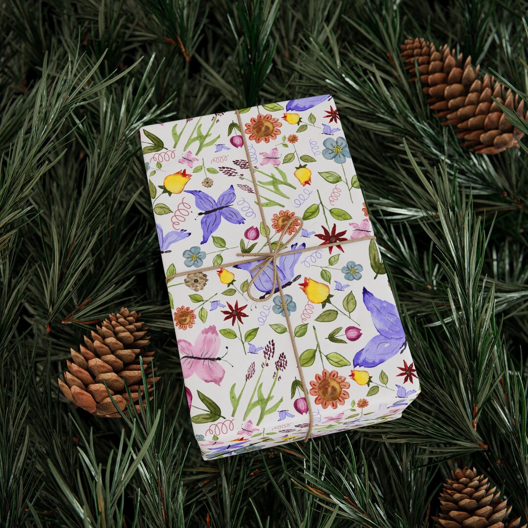 Butterfly Wrapping Paper, Watercolor Butterflies and Flowers Grift Wrap ...
