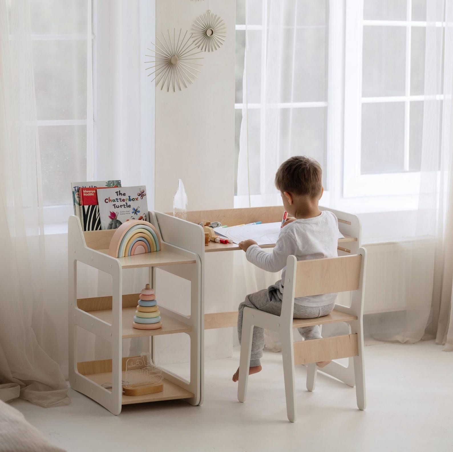 Adjustable Kids Desk and Chair Set – Montessori Study Table With Shelf ...