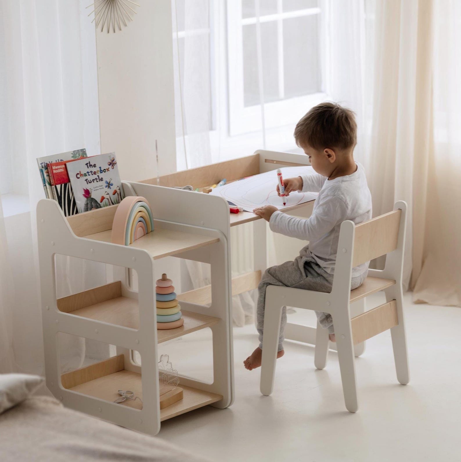 Adjustable Kids Desk and Chair Set – Montessori Study Table With Shelf ...