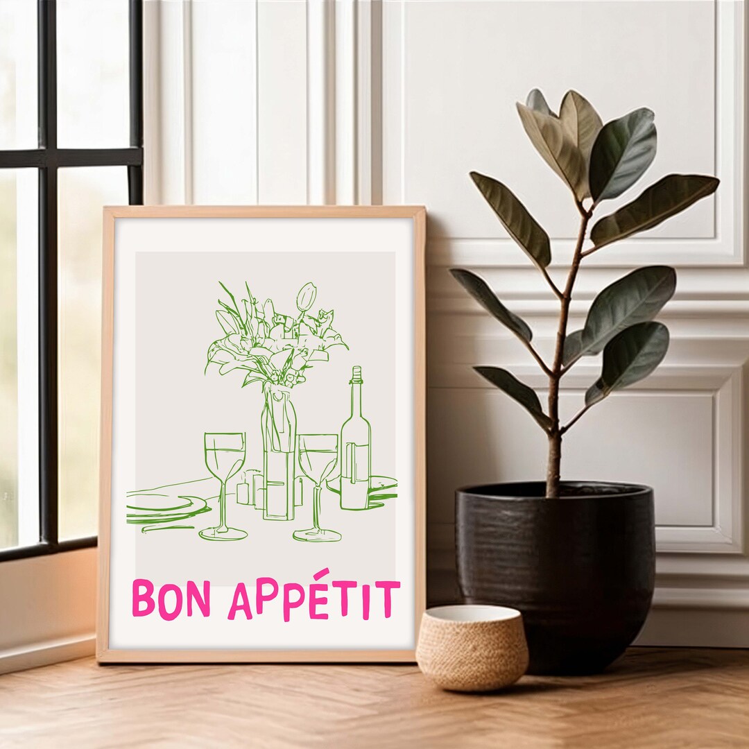 Bon Appetit Poster, Line Art Bon Appetit Prints, French Slogan Kitchen ...