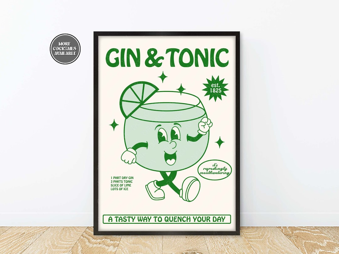 Gin and Tonic Retro Cartoon Prints, Retro Cocktails Print, Gin and ...