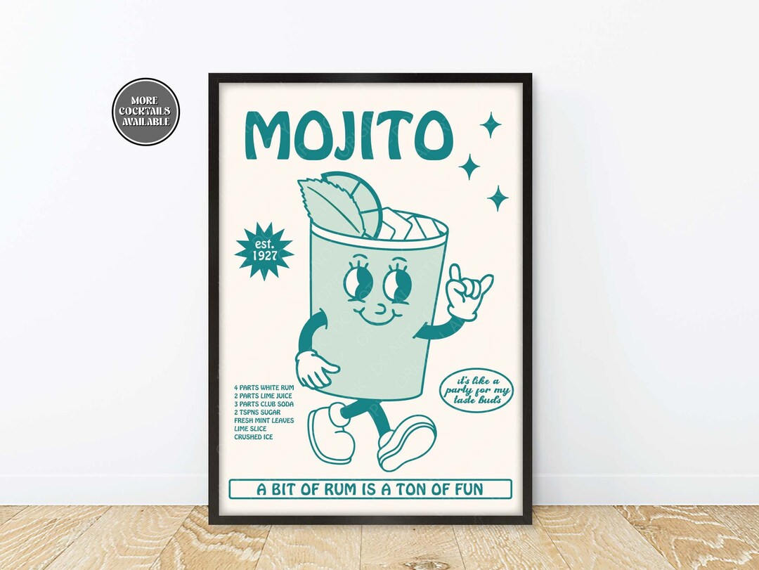Retro Character Mojito Print, Retro Cartoon Cocktail Print, Retro ...