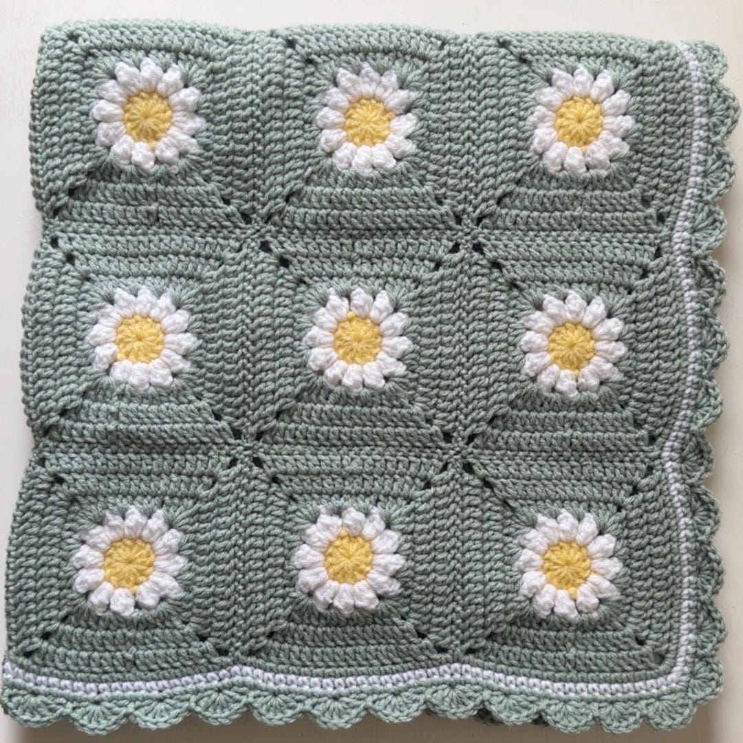 Crochet Daisy Granny Square Baby Blanket | Sage Green Nursery Decor - Etsy
