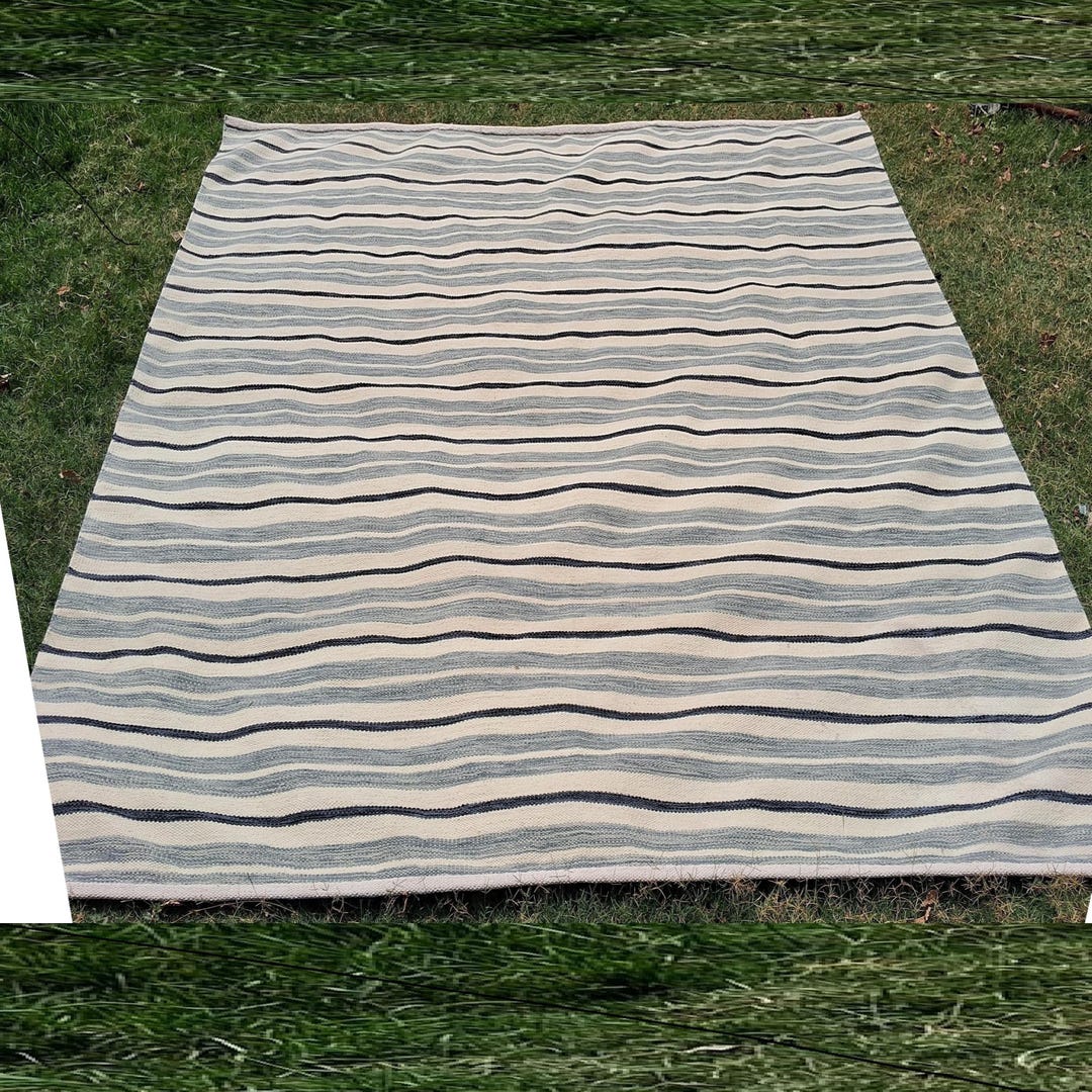Modern Handwoven Blue White Striped Rug Wool Kilim Modern Rug for ...