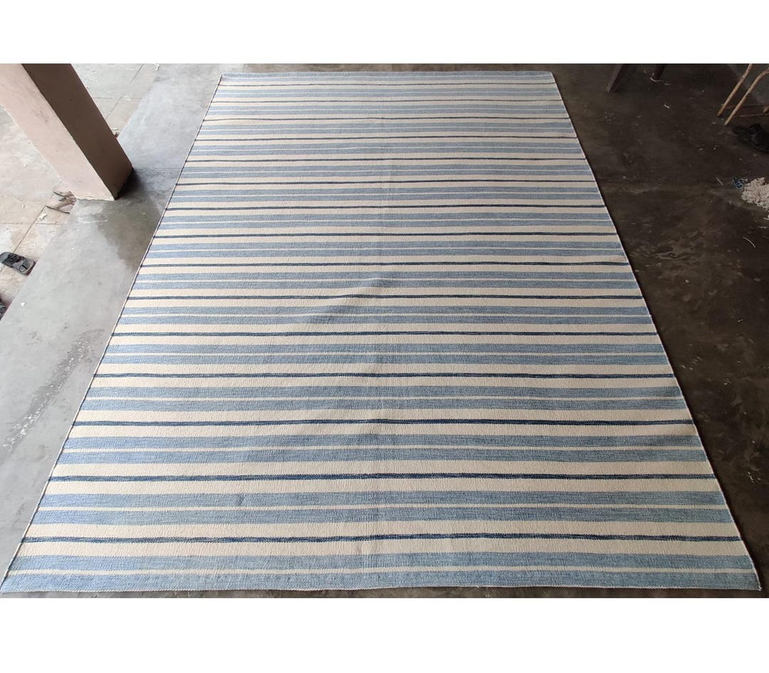 Modern Handwoven Blue White Striped Rug Wool Kilim Modern Rug for ...