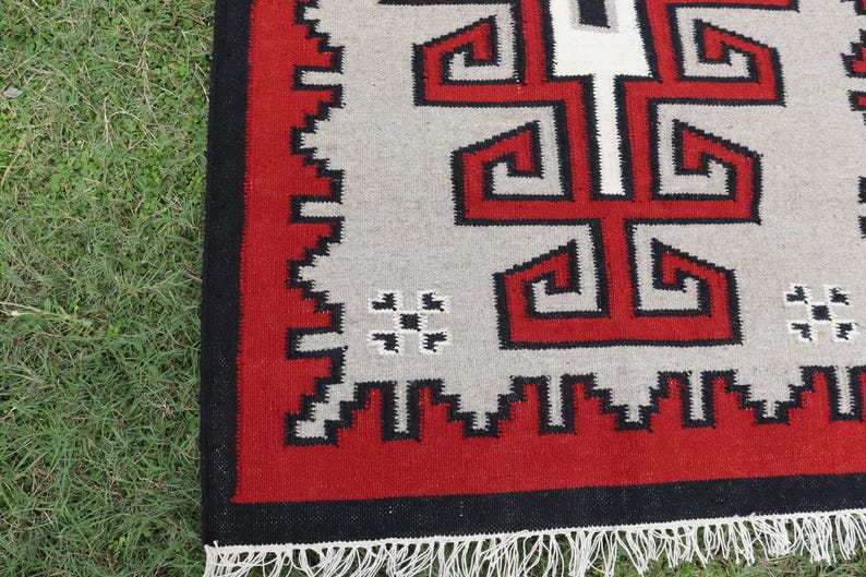 Southwestern Rug Red Navajo Rug Kilim Hand Woven Native American Aztec ...