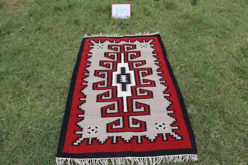 Southwestern Rug Red Navajo Rug Kilim Hand Woven Native American Aztec ...