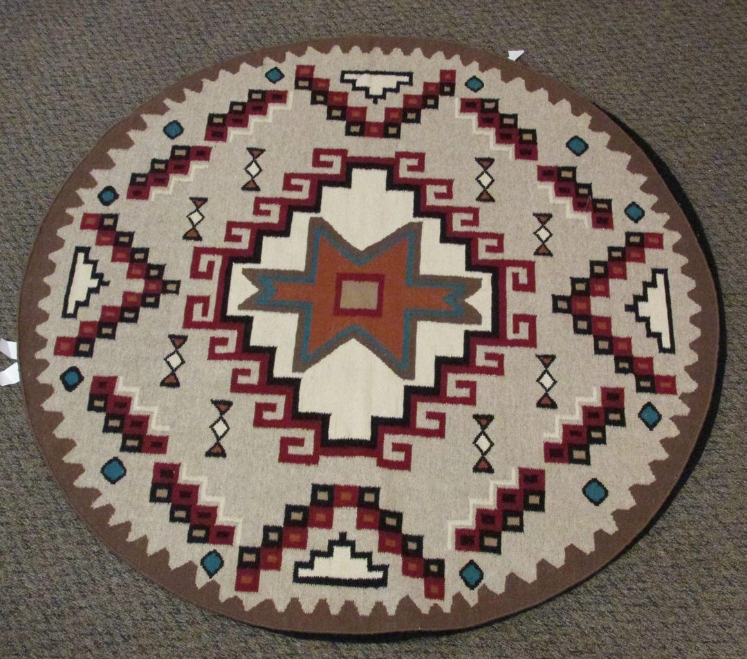 Round Navajo Rug Wool Western Design Rug Size 8x8 Ft Native American ...