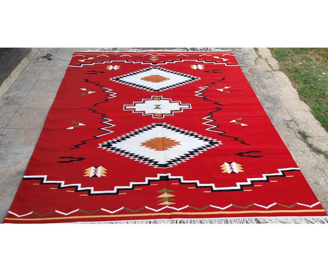 Red Navajo Kilim Hand Woven Southwestern Native American Tribal Style ...