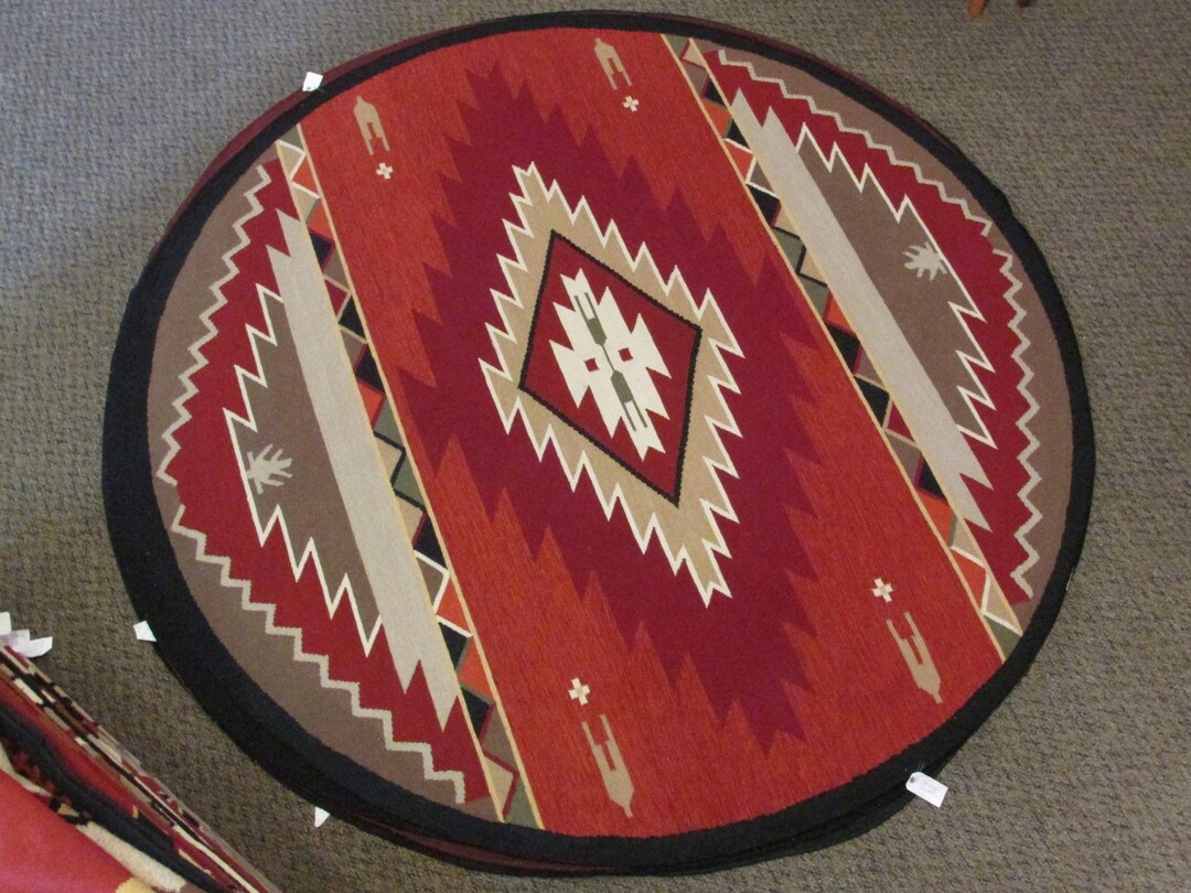 Red Round Navajo Wool Rug Geometric Pattern Western Design Rug Size 6x6 ...