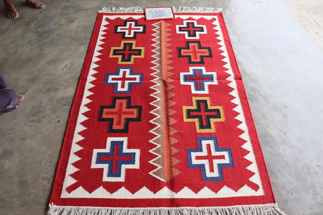 Rustic Red Hand-woven Navajo Wool Rug Native American Style Southwest ...
