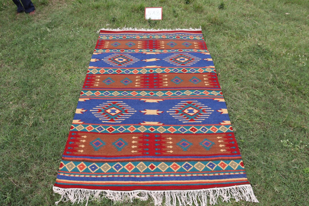 Southwestern Red Blue Navajo Rug Kilim Hand Woven Native American ...