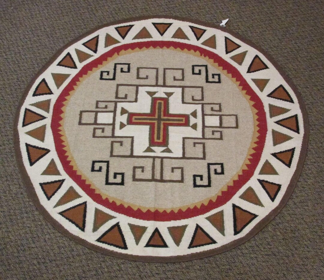 Round Navajo Rug Wool Western Design Rug Size 6x6 Ft Native American ...