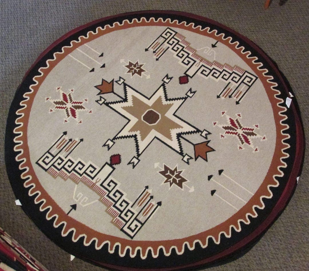 Round Navajo Rug Wool Geometric Pattern Western Design Rug Size 6x6 Ft ...