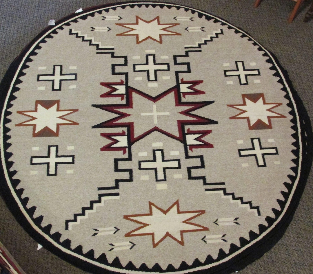 Round Navajo Rug Wool Geometric Pattern Western Design Rug Size 6x6 Ft ...