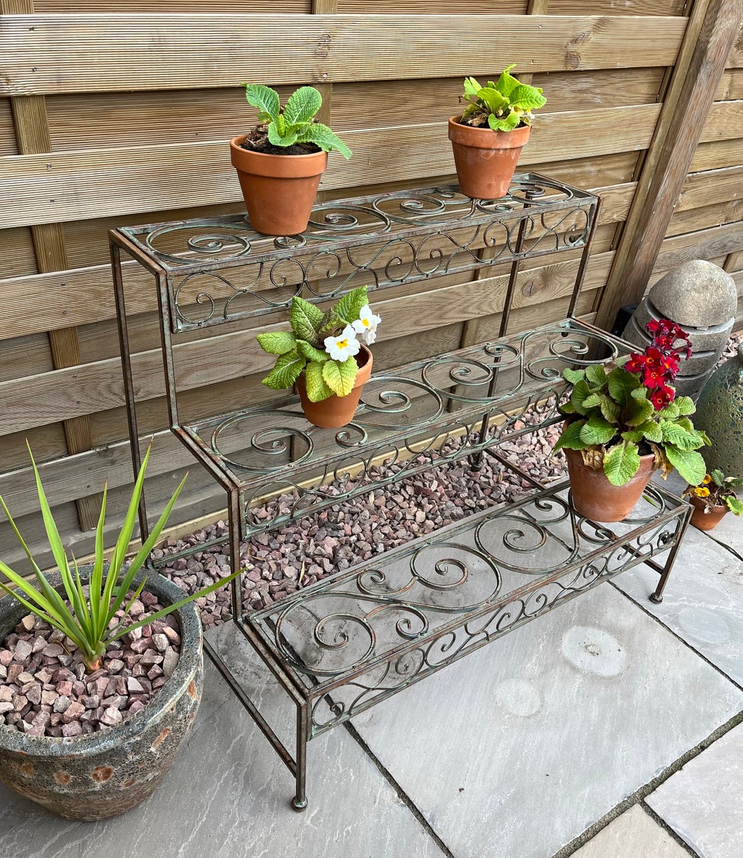 3 Tier Stepped Large Metal Verdigris (reddish Green) Decorative Plant ...