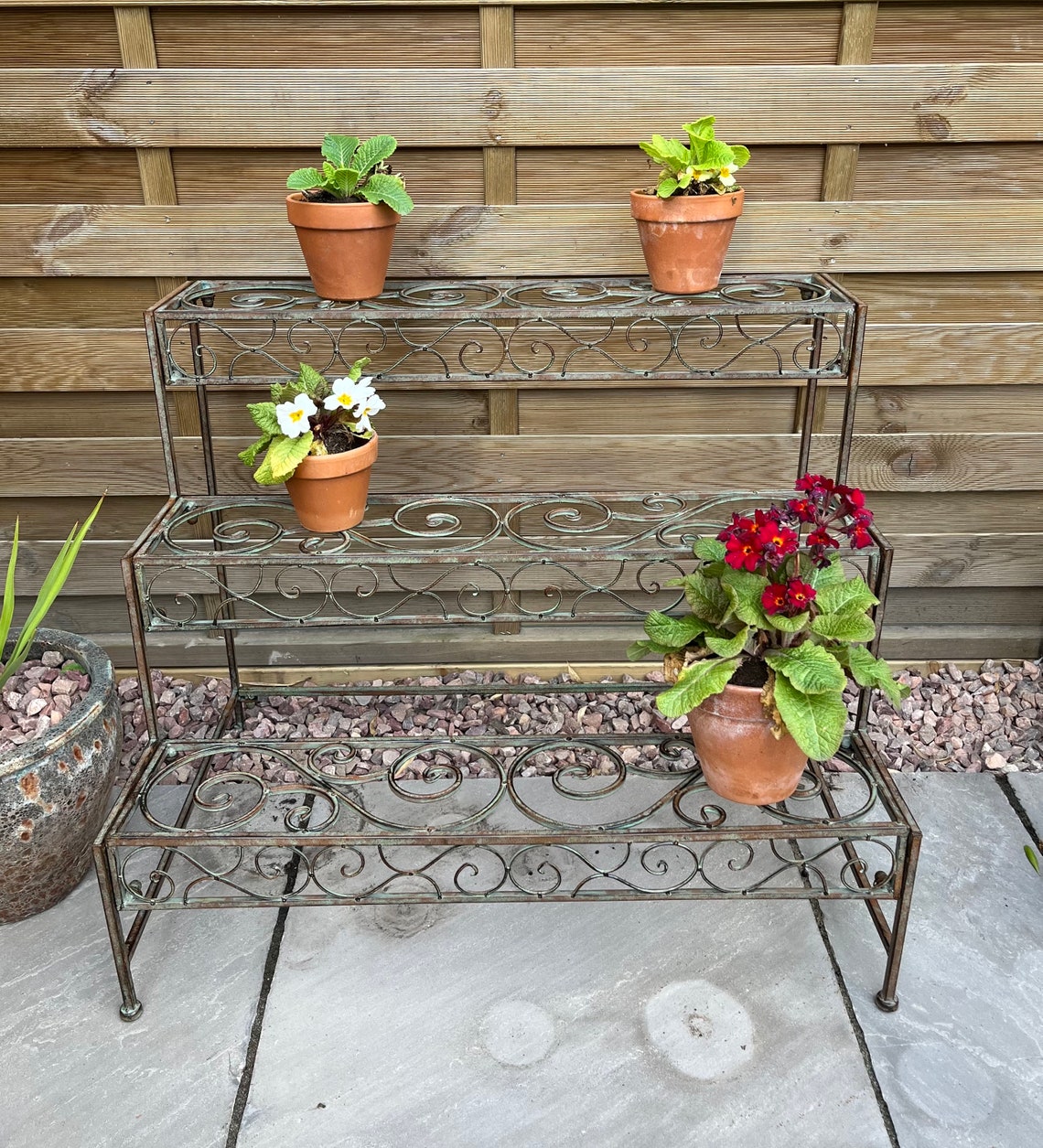 3 Tier Stepped Large Metal Verdigris (reddish Green) Decorative Plant ...