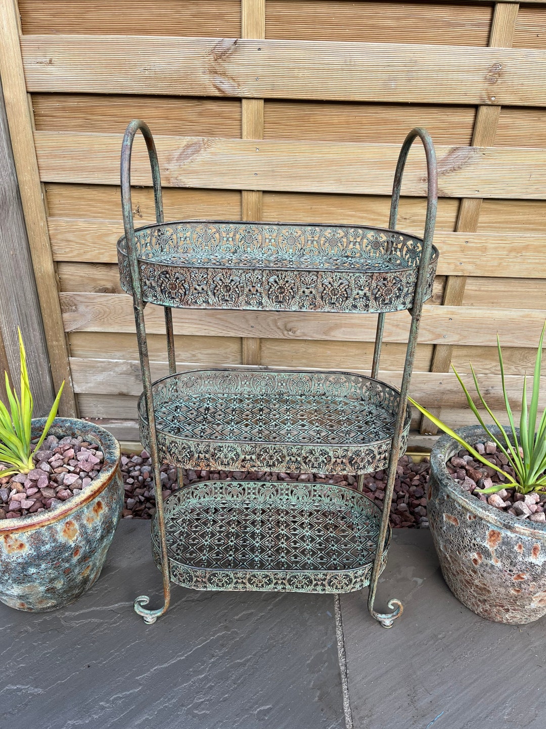 3 Tier Metal Verdigris reddish Green Decorative Plant Stand - Etsy UK