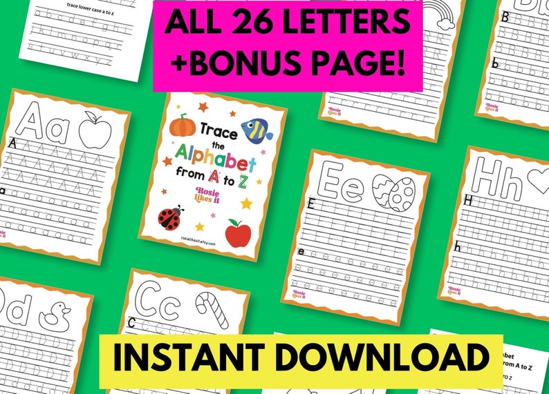Alphabet Tracing Worksheets Pack, Instant Download, A-Z Upper & Lower ...