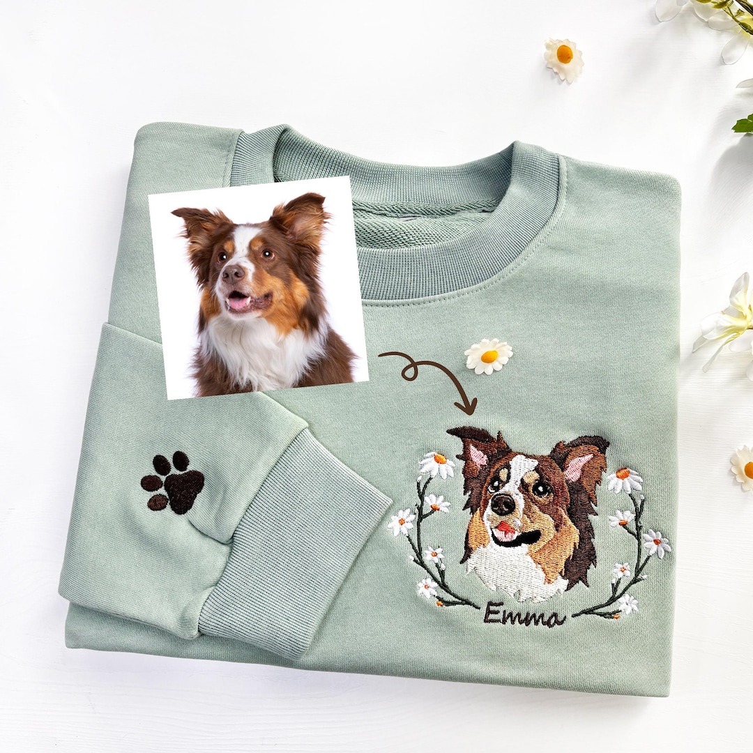 Custom Dog Face Embroidered Sweatshirt, Pet Photo Embroidered Hoodie ...