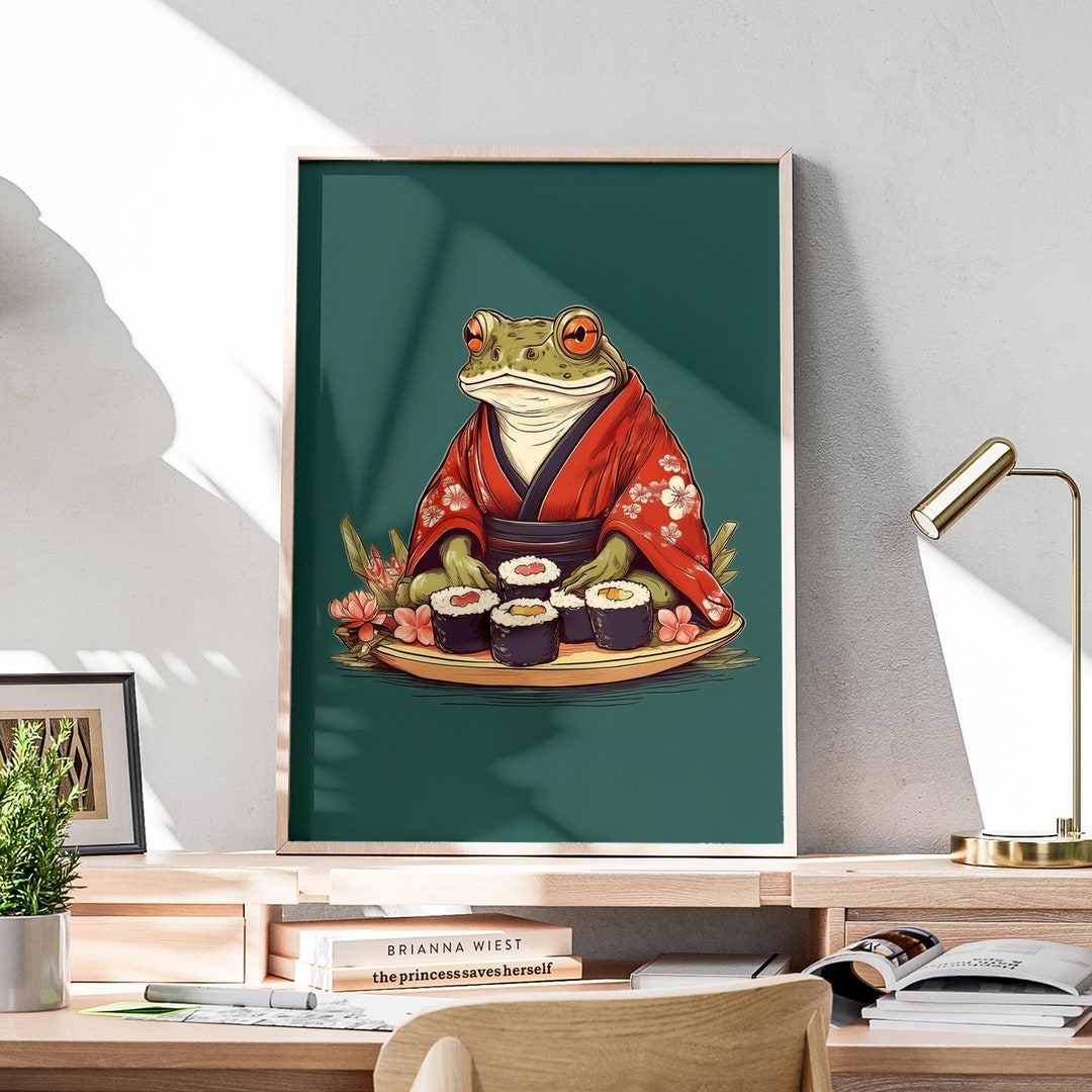 Sushi Lover Frog Poster - Cute and Funny Animal Artwork - Modern Dining ...