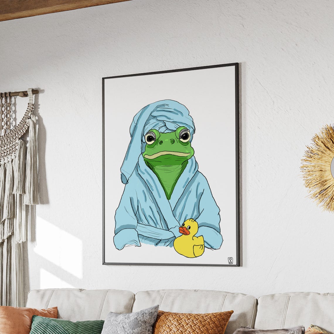 Frog in the Bath, Animal Bathroom, Green Wall Art, Hand Drawn, Stylish ...