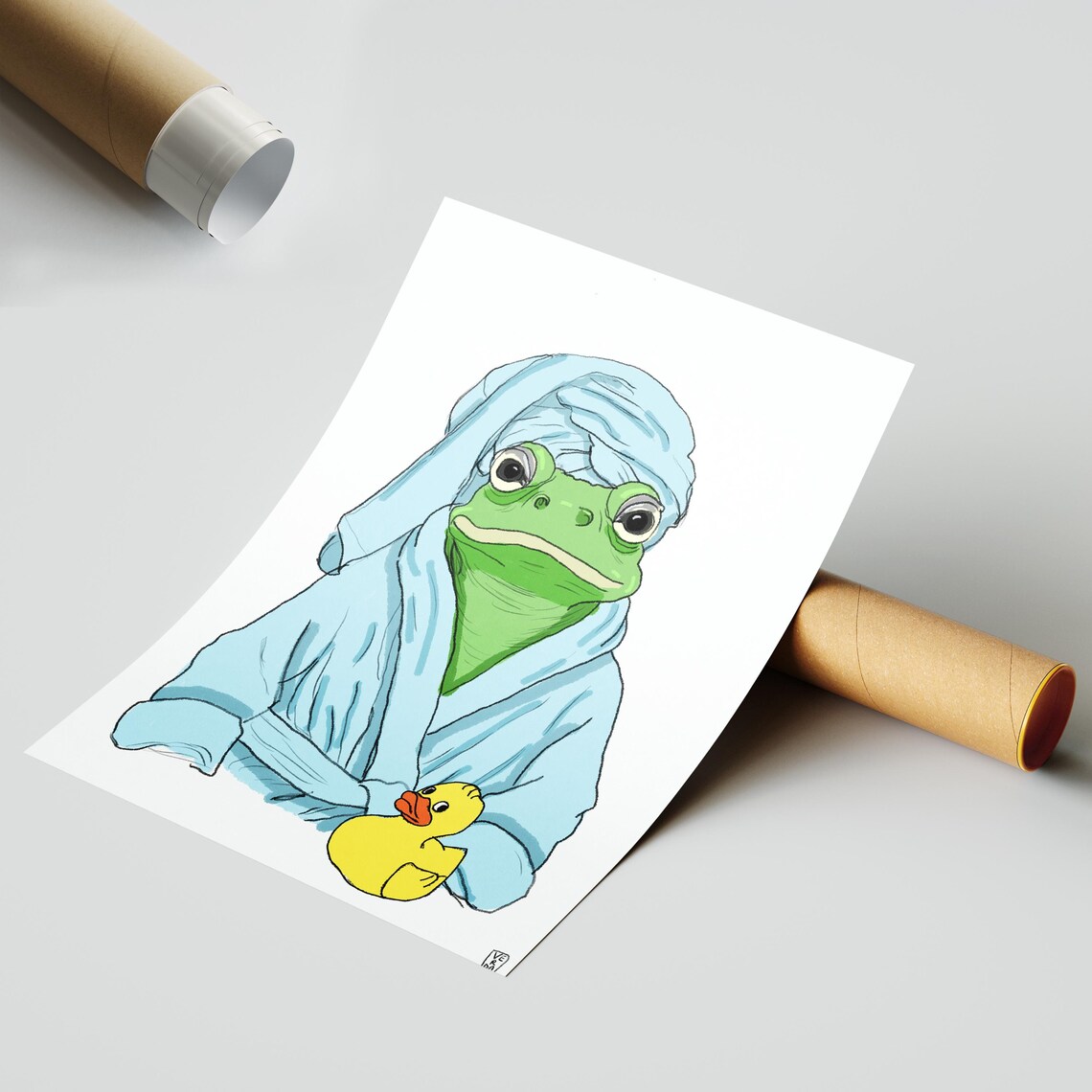 Frog in the Bath, Animal Bathroom, Green Wall Art, Hand Drawn, Stylish ...