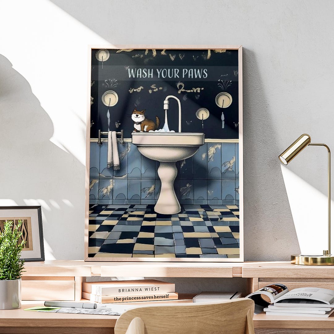 Dog Wash Your Paws Poster, Black Cat Wash Your Paws Poster, Bathroom ...