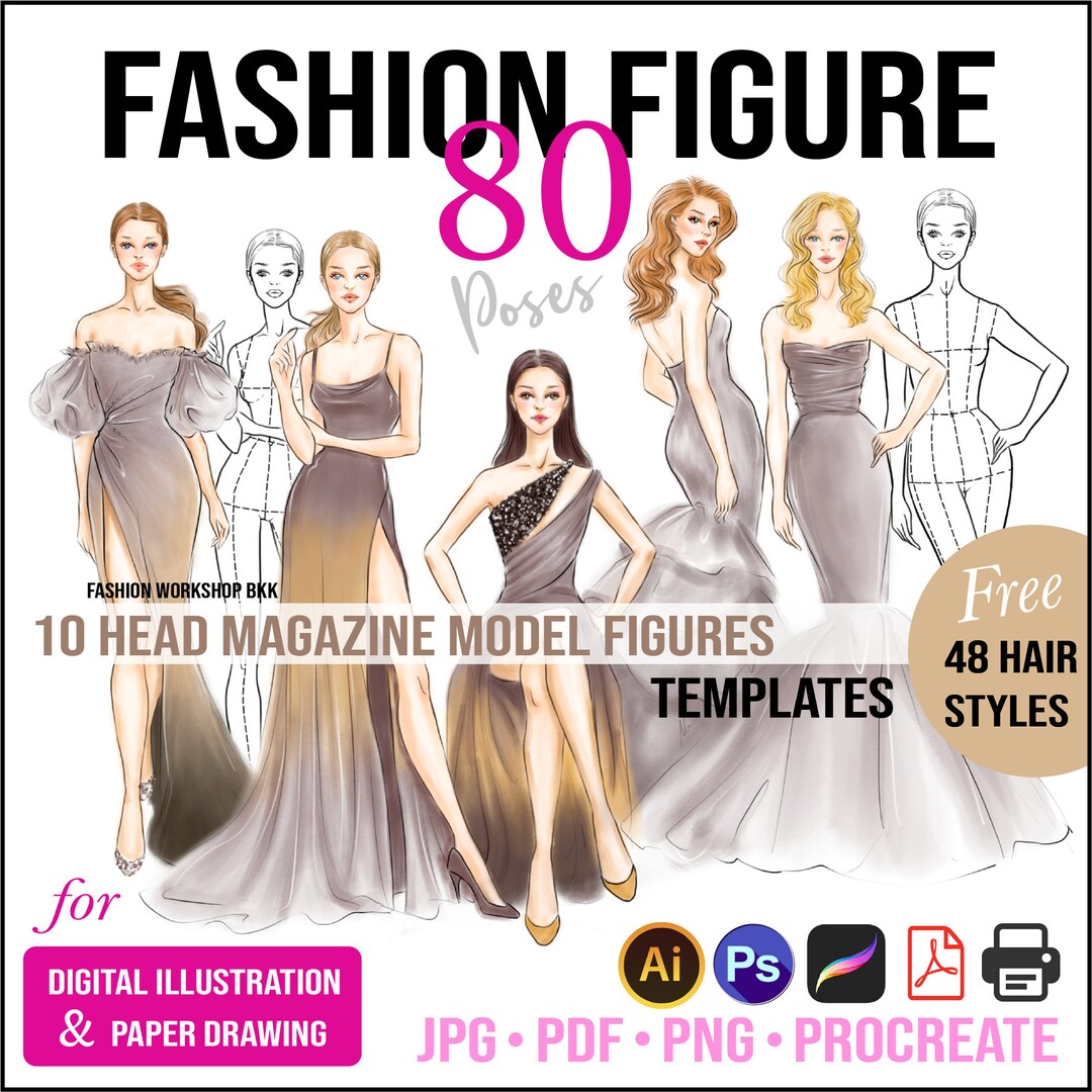 Fashion Figure Templates: 80 Poses, 48 Hairstyles. Printable Fashion ...