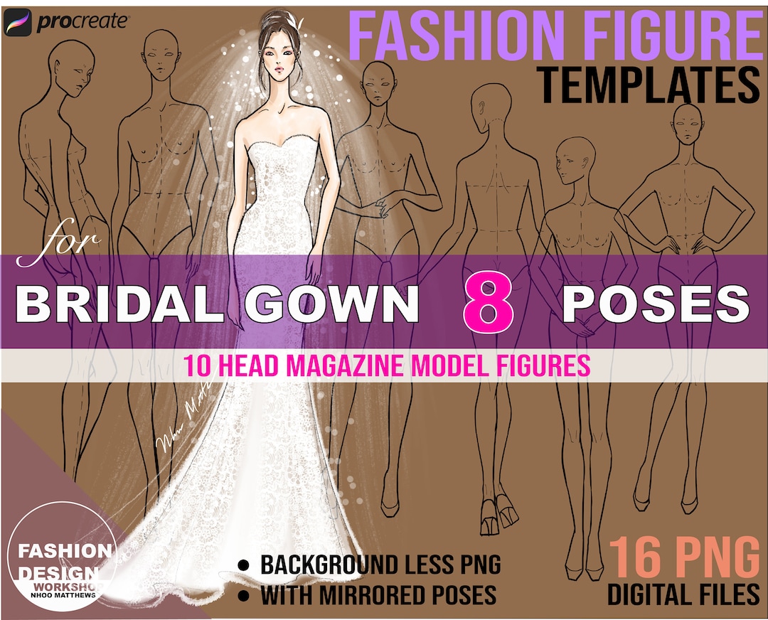 Bridal & Evening Dress Fashion Figure Template. Female Croquis, 8 Poses ...