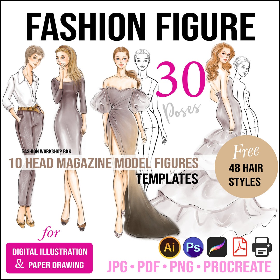 Fashion Figure Templates: 30 Poses, 48 Hairstyles. Printable Fashion ...