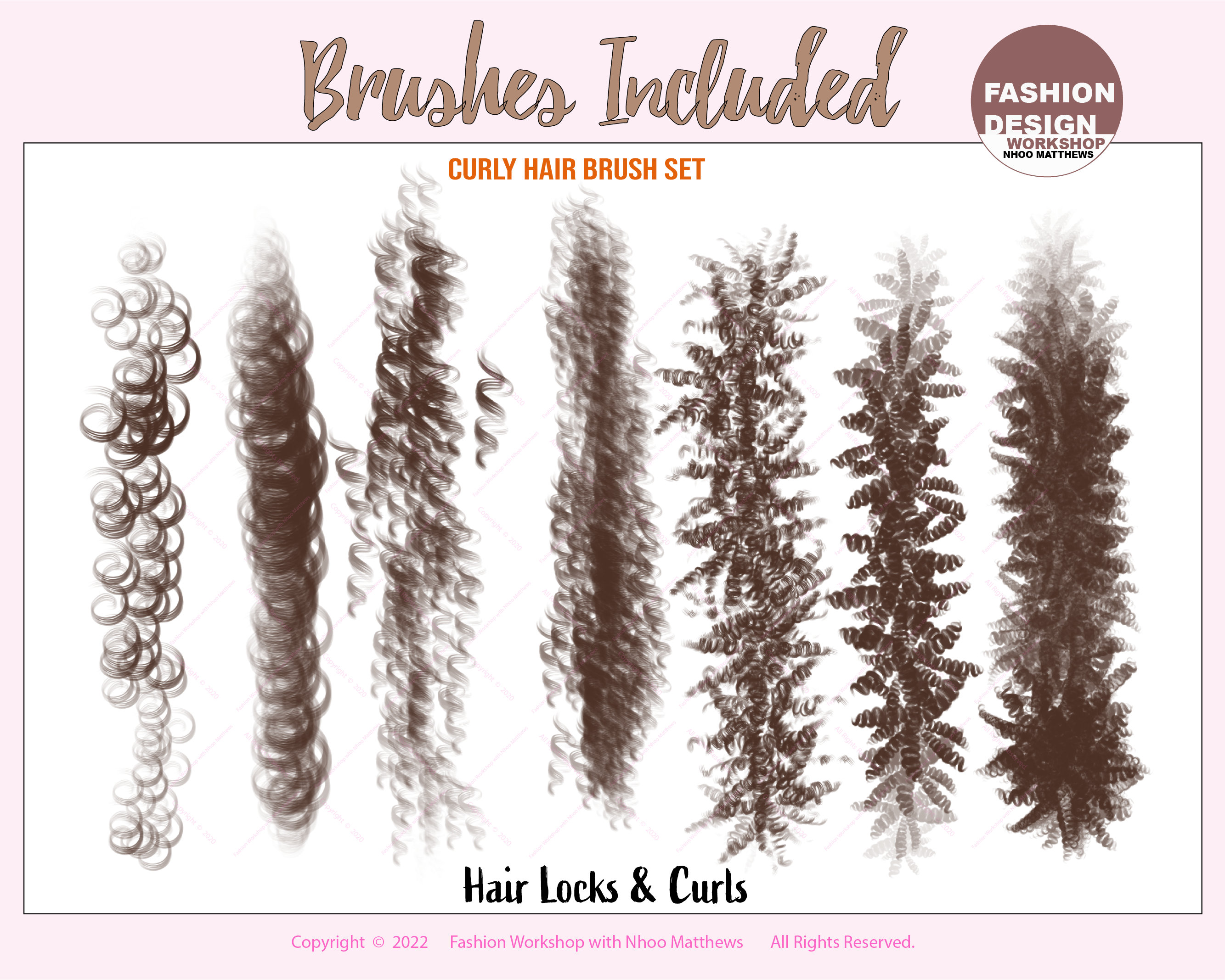 36 Curly Hair Texture Procreate Brushes: Video Tutorial, Model Clipart ...